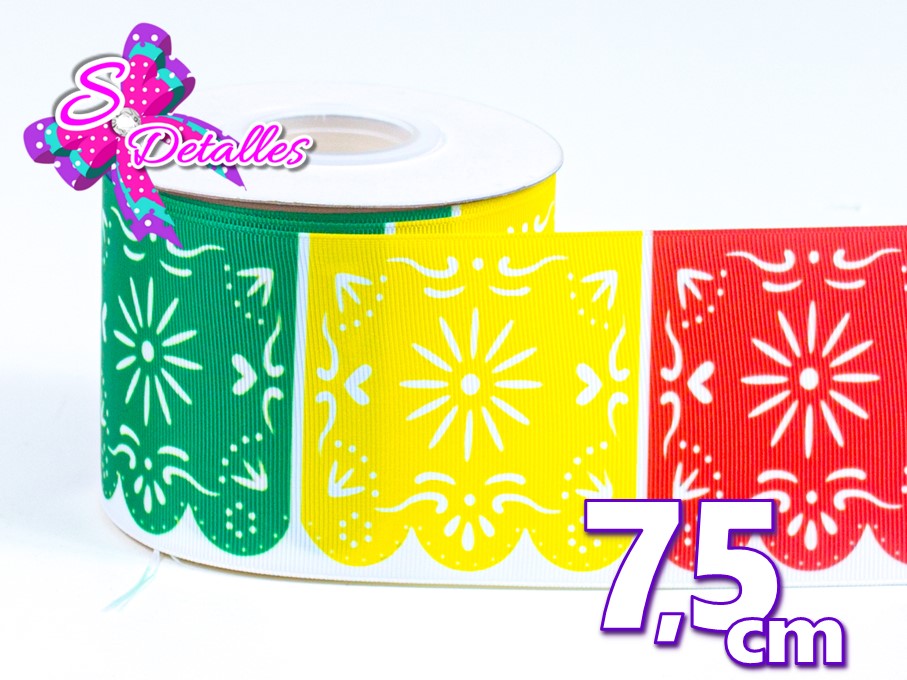 LBP07329 - Listón Estampado de 7,5 cm - Banderines (por metro) – SDetalles