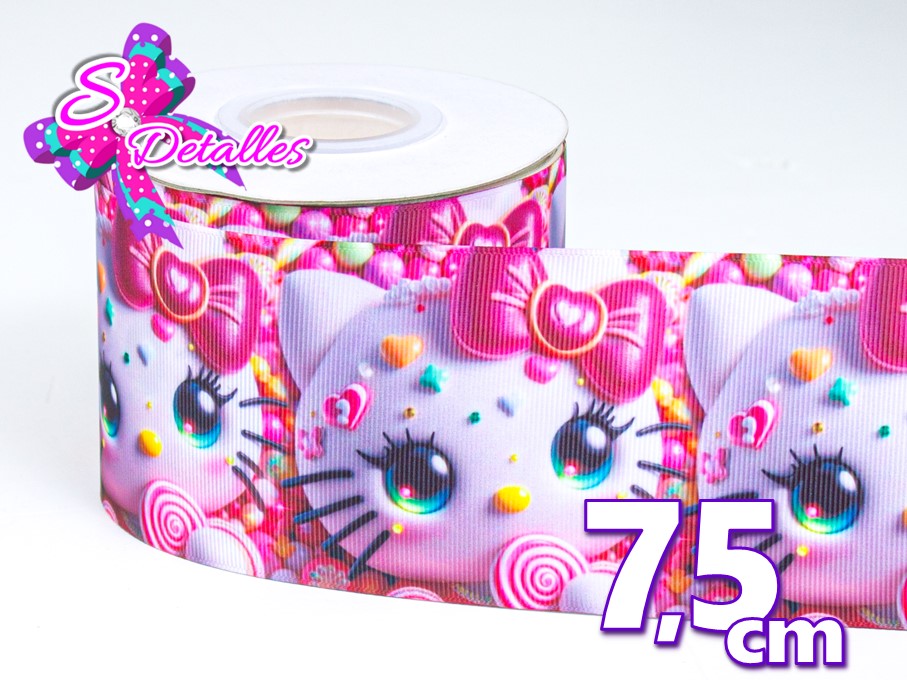 LBP07124 - Listón Estampado de 7,5 cm - Hello Kitty (por metro) – SDetalles